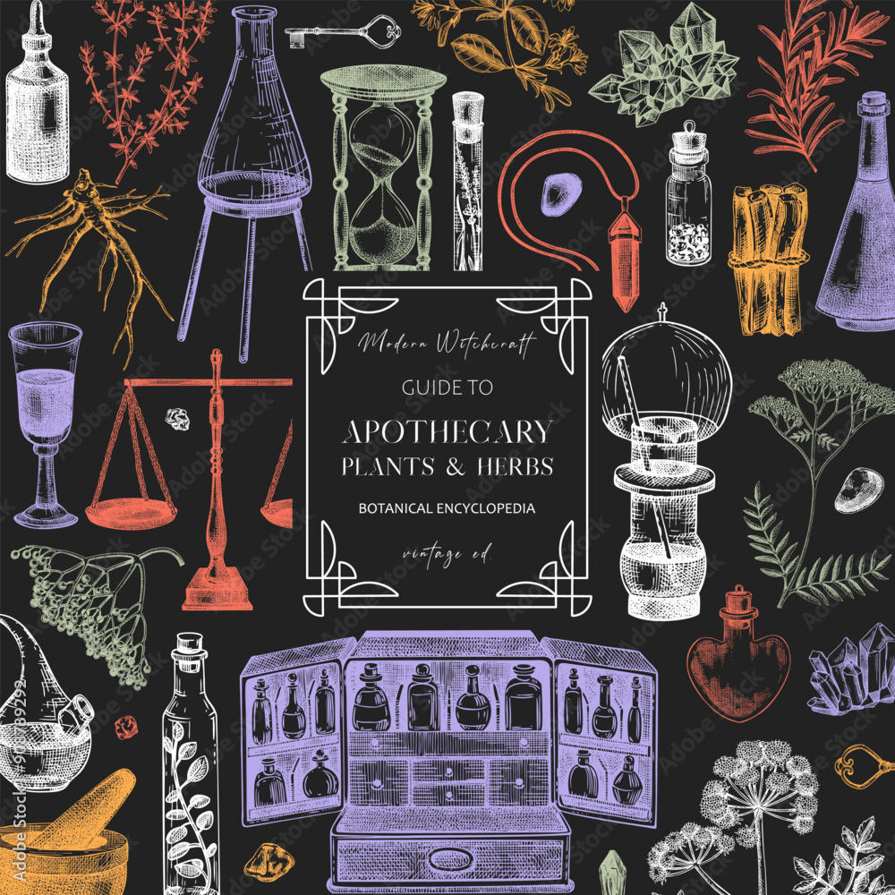Antique apothecary frame. Hand-drawn vector illustrations. Alchemy ...