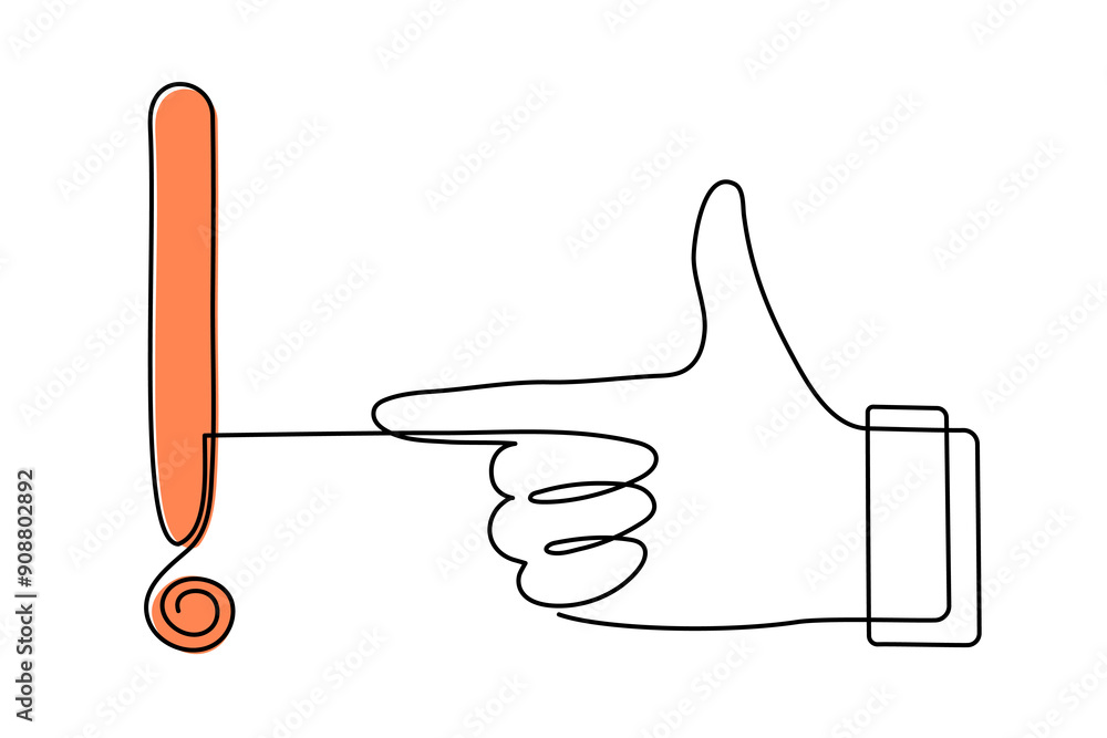 Hand holds exclamation mark one line art,hand drawn admiration sign ...