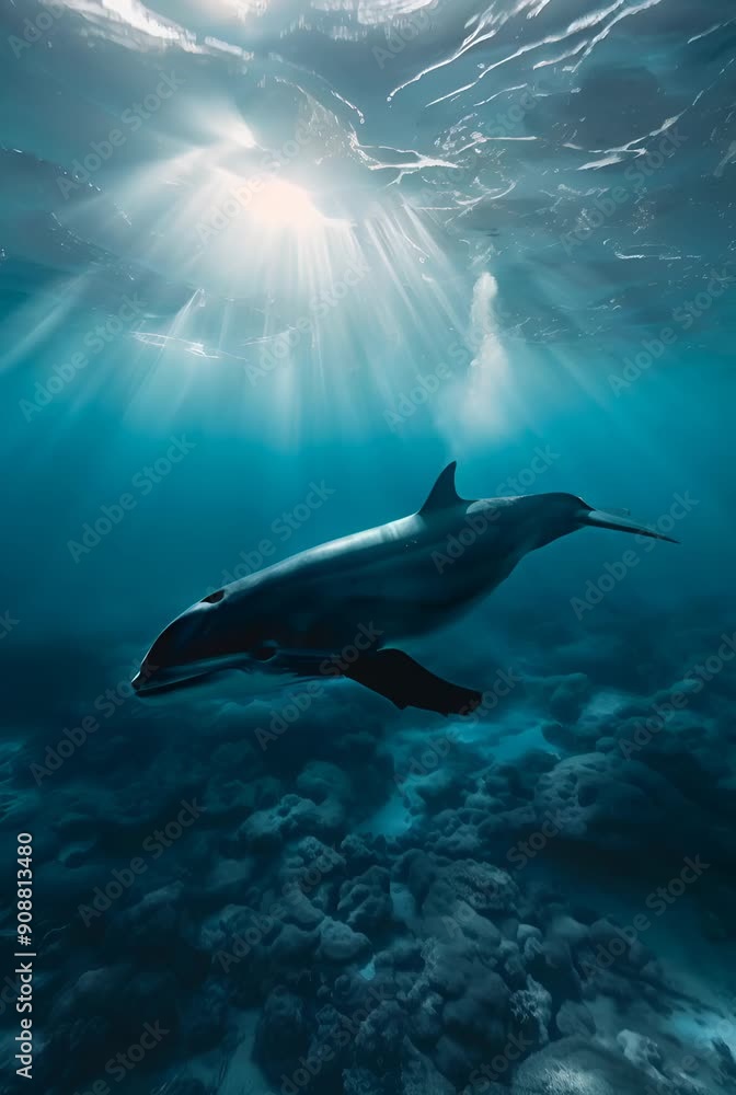 vertical video of dolphin swimming underwater, with sunlight filtering ...