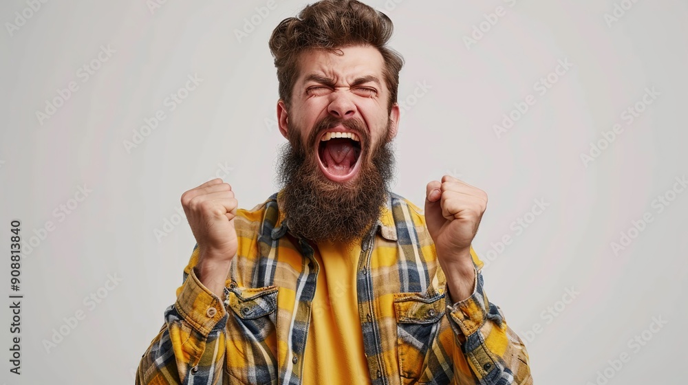 Portrait of overjoyed bearded man standing with excited expression ...