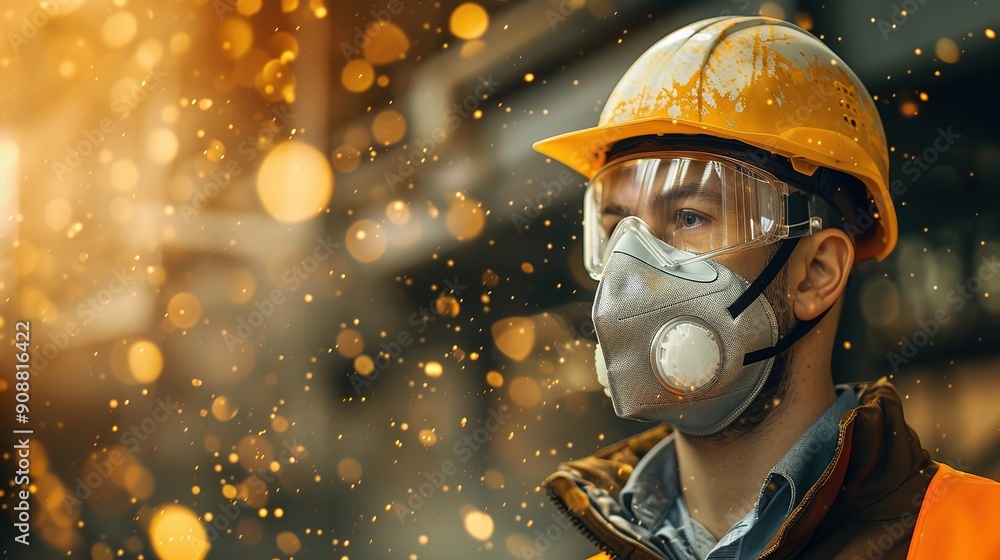 Professional construction worker wearing a high-grade dust mask ...