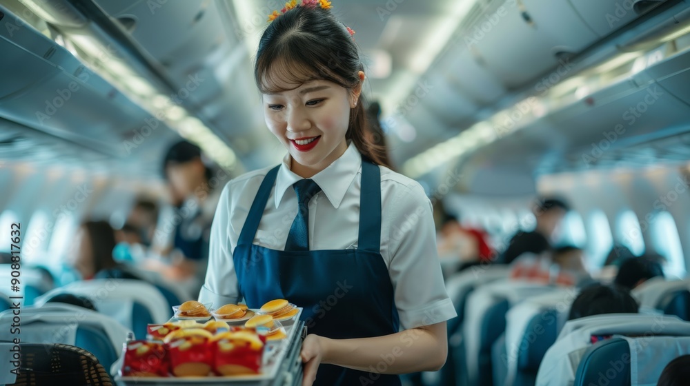 Asian female flight attendant is serving food and drinks to passengers ...