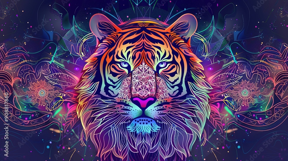 Psychedelic tiger head with symmetrical mandala shapes. Animal Totem ...