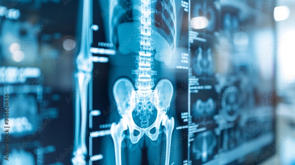 Detailed view of human pelvis X-ray, highlighting bone structure and ...