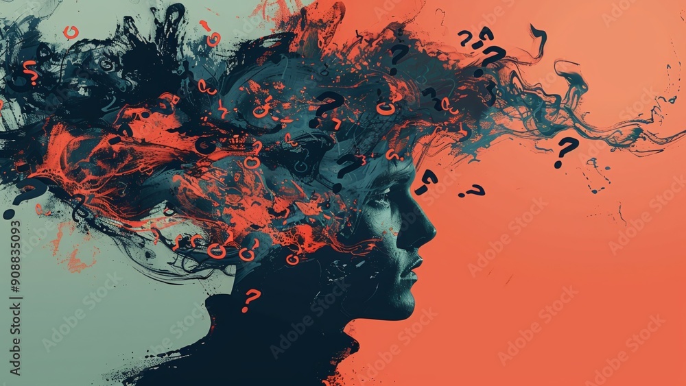 Vector Illustration of Man's Head Symbolizing Overthinking - Swirling ...
