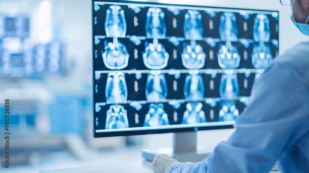 Medical professional analyzing brain scan images on a computer monitor ...