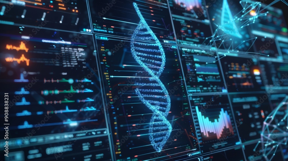 DNA photo on medical screen, hologram, science, data analysis, HUD ...