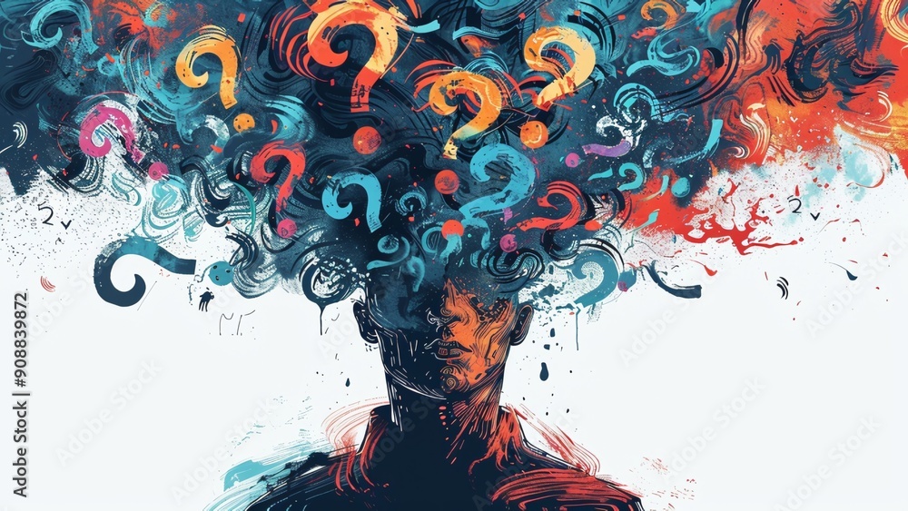 Vector Illustration of Man's Head Symbolizing Overthinking - Swirling ...