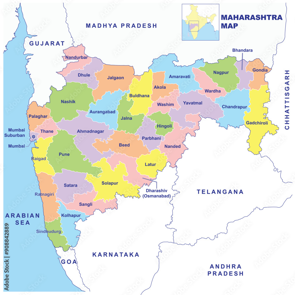 Detailed vector Illustration of Maharashtra map State and District map ...