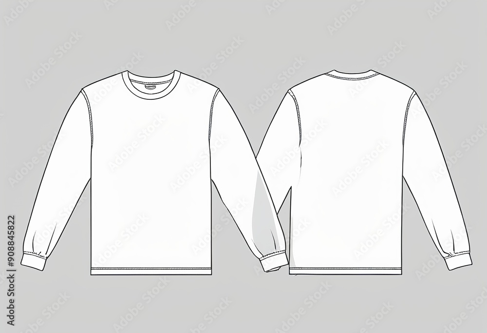Men's Long Sleeve Crew Neck T-Shirt Flat Sketch Template: Front and ...
