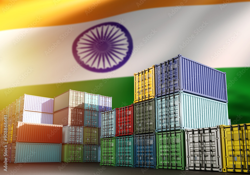 Container warehouse. Flag of India. Multi-colored shipping containers ...