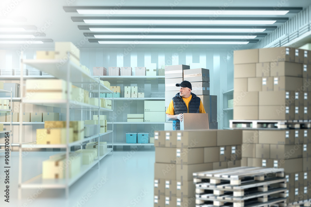 Man inside refrigeration warehouse. Worker in industrial freezer ...