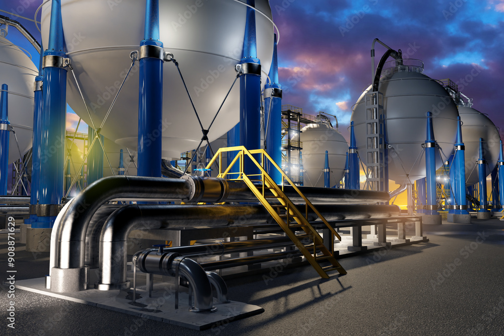 Chemical factory. Spherical high pressure tanks. ASME under night sky ...