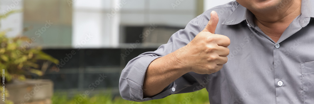 Happy smiling Asian middle aged old man showing approving, passing ...