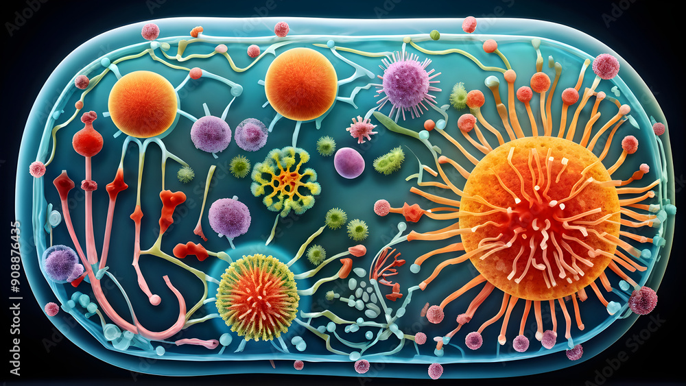 An illustration of a bacterial cell, showing structures like the cell ...