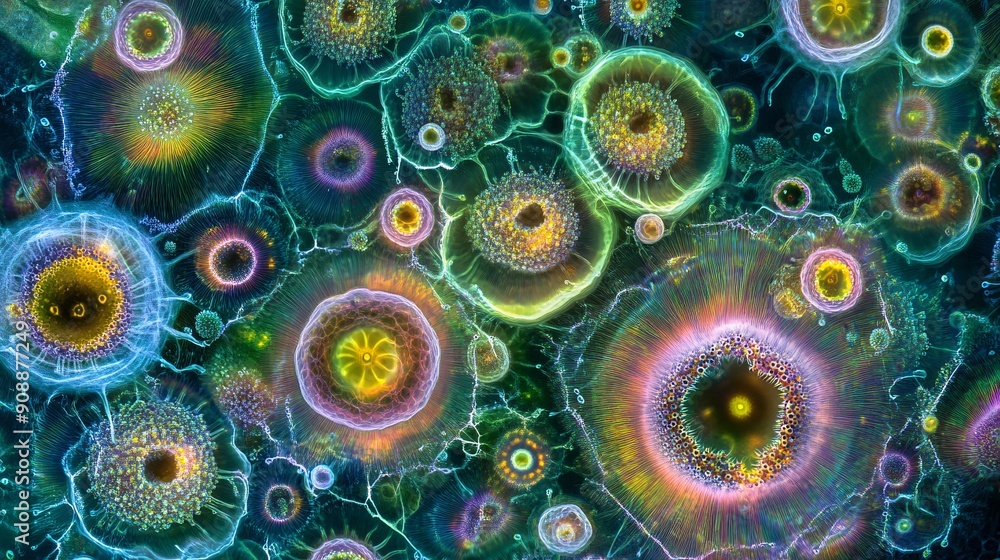 This detailed microscopic image captures a thriving bacteria colony ...