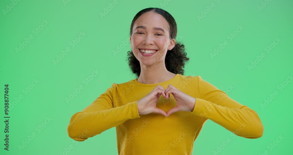 Heart, green screen and woman with smile, portrait and symbol for love ...