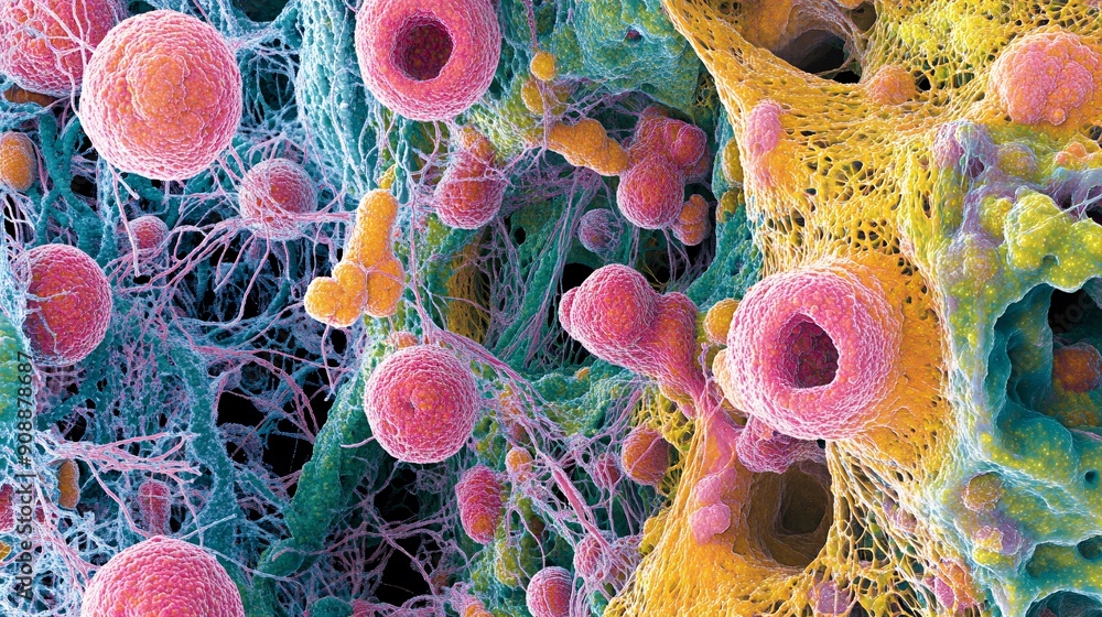 An intricate microscopic image of a bacteria colony reveals a dense ...