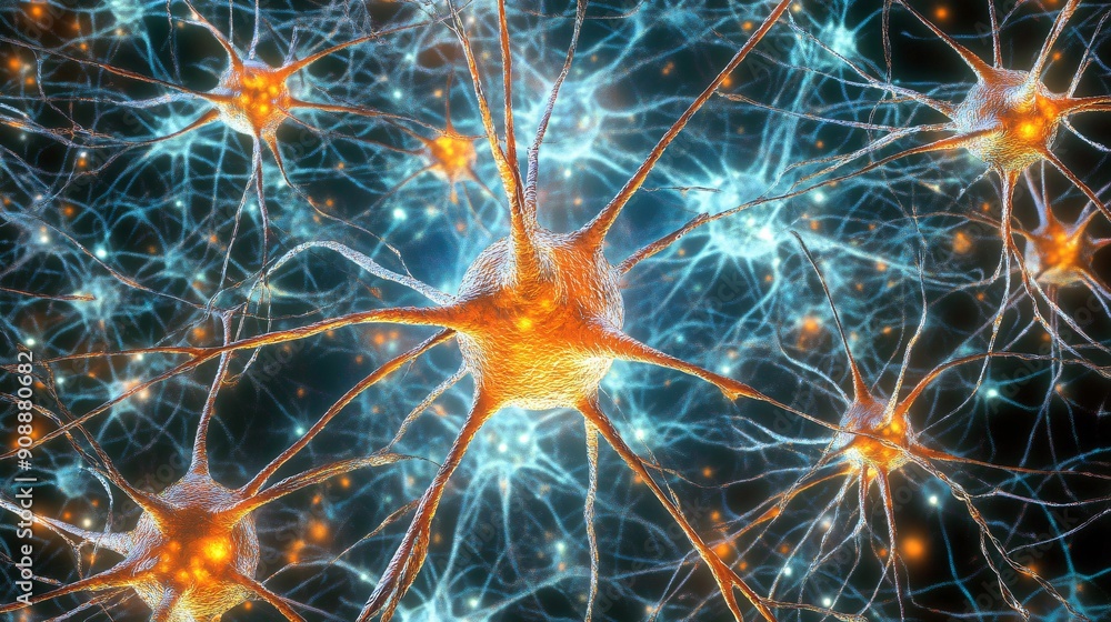 A captivating microscopic view of a neuron network displays the ...