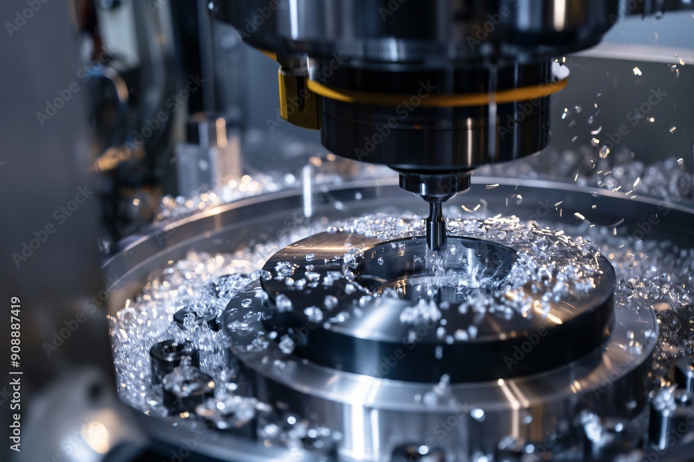 Cnc machine is creating a metal detail, with metal shavings flying off ...