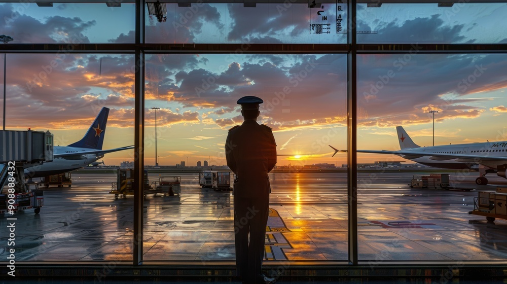 Pilots in uniform stand at the boarding gate in the airport terminal ...
