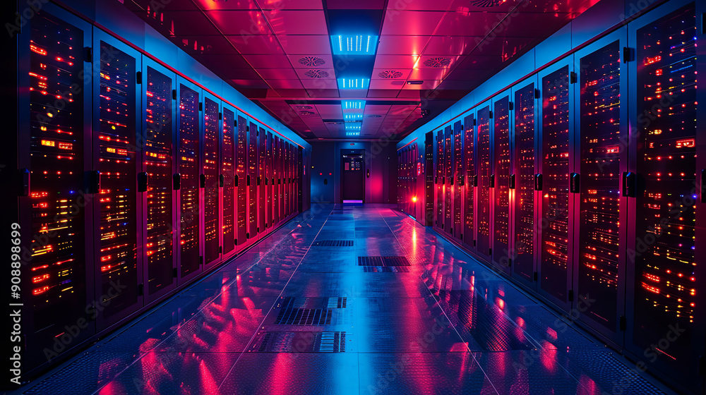 Server room in a data center with rows of working servers, network ...
