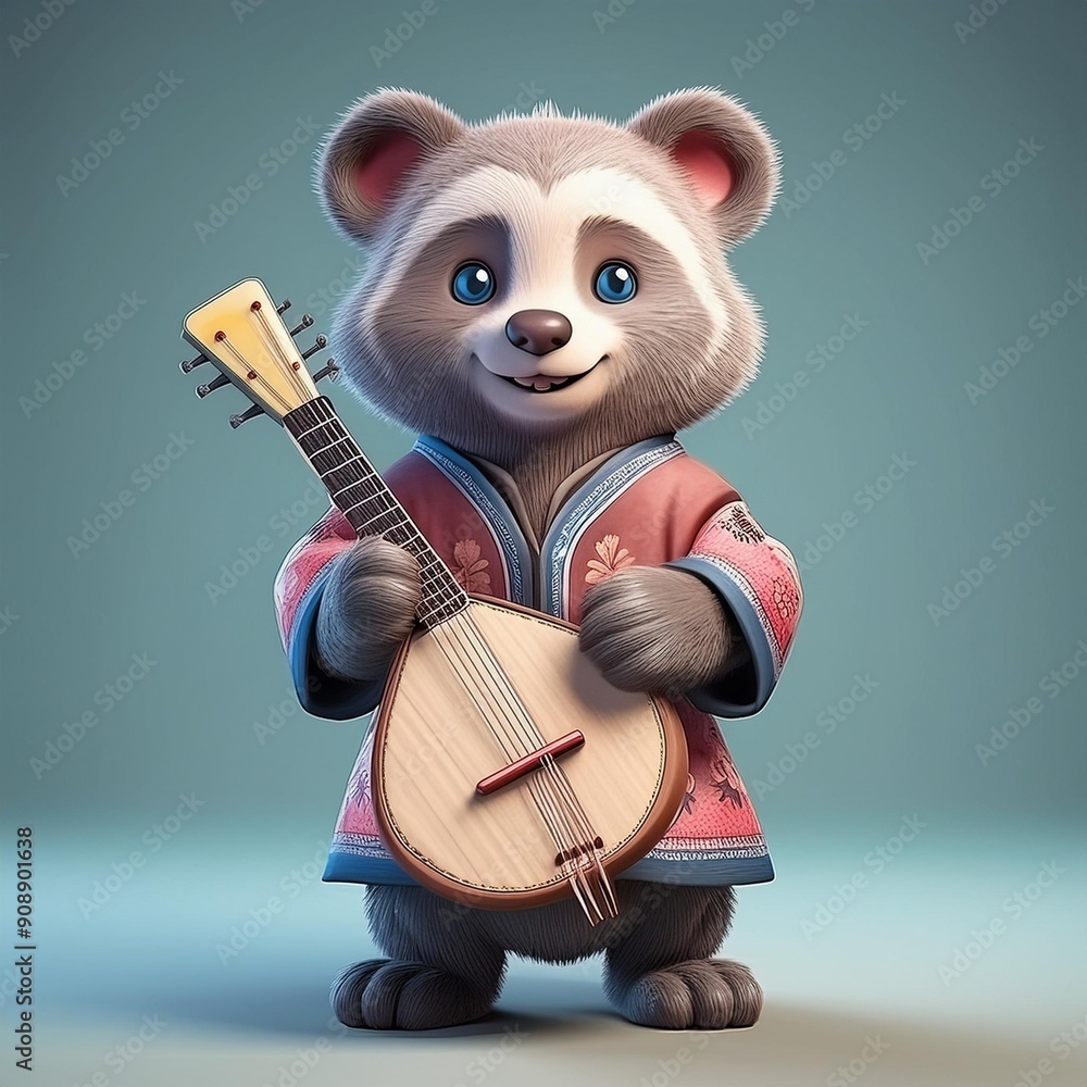3D animated bear cub in a Russian sarafan, pastel brown with ...