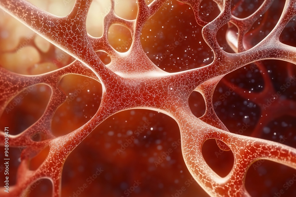 3D rendering of a human cell network showing fractal tree branches and ...