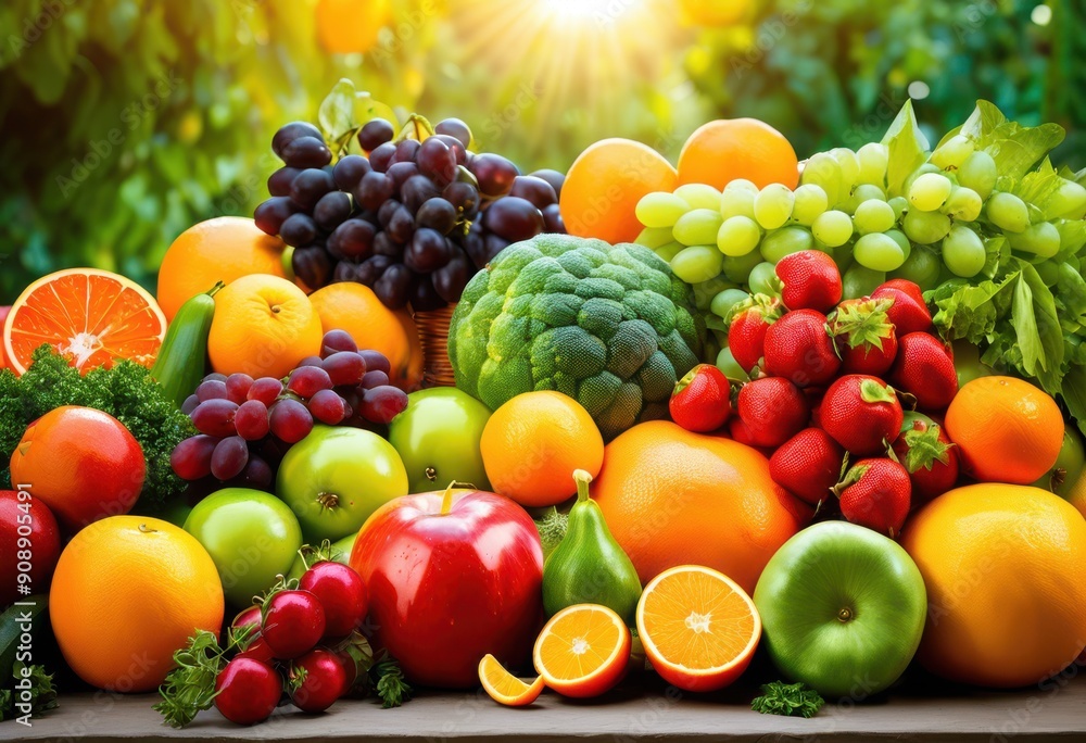 vibrant fresh fruits vegetables displayed scenic natural backdrop lush ...
