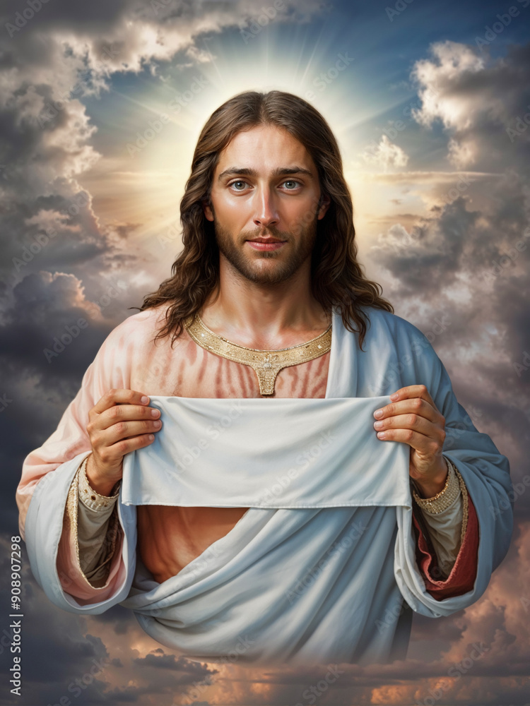 Jesus Christ holding a empty white cloth banner. Add your text to the ...