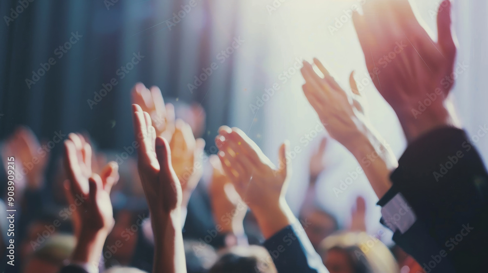Enthusiastic hands clapping above heads in a brightly-lit room ...