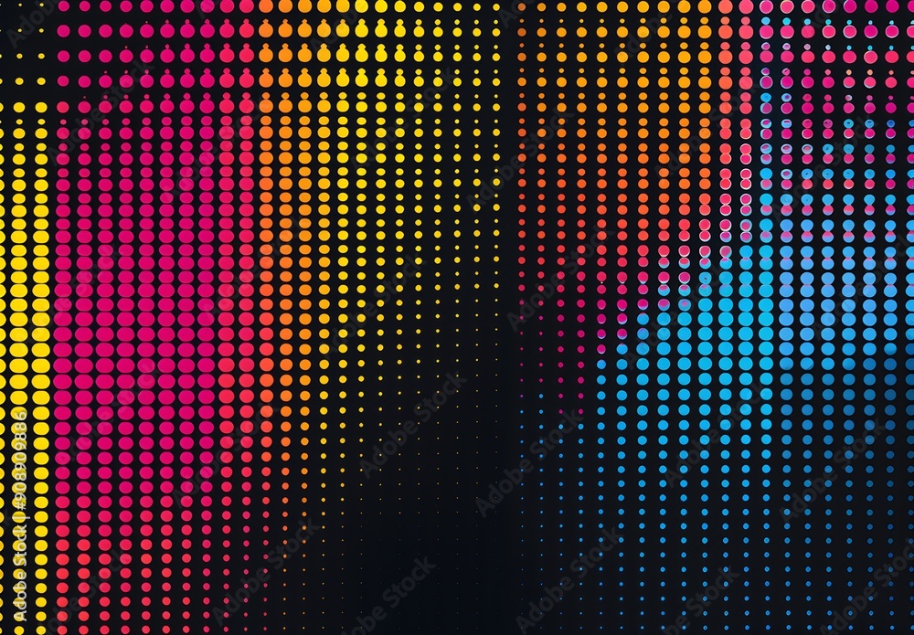 halftone dots, cmyk colors on black background, vector illustration ...
