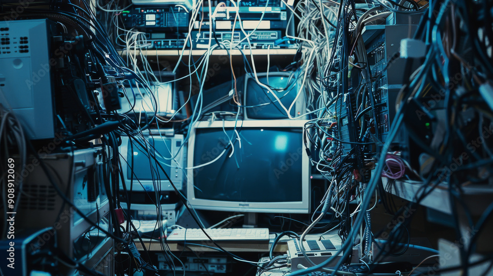 An overwhelming tangle of cables and outdated computer equipment fills ...