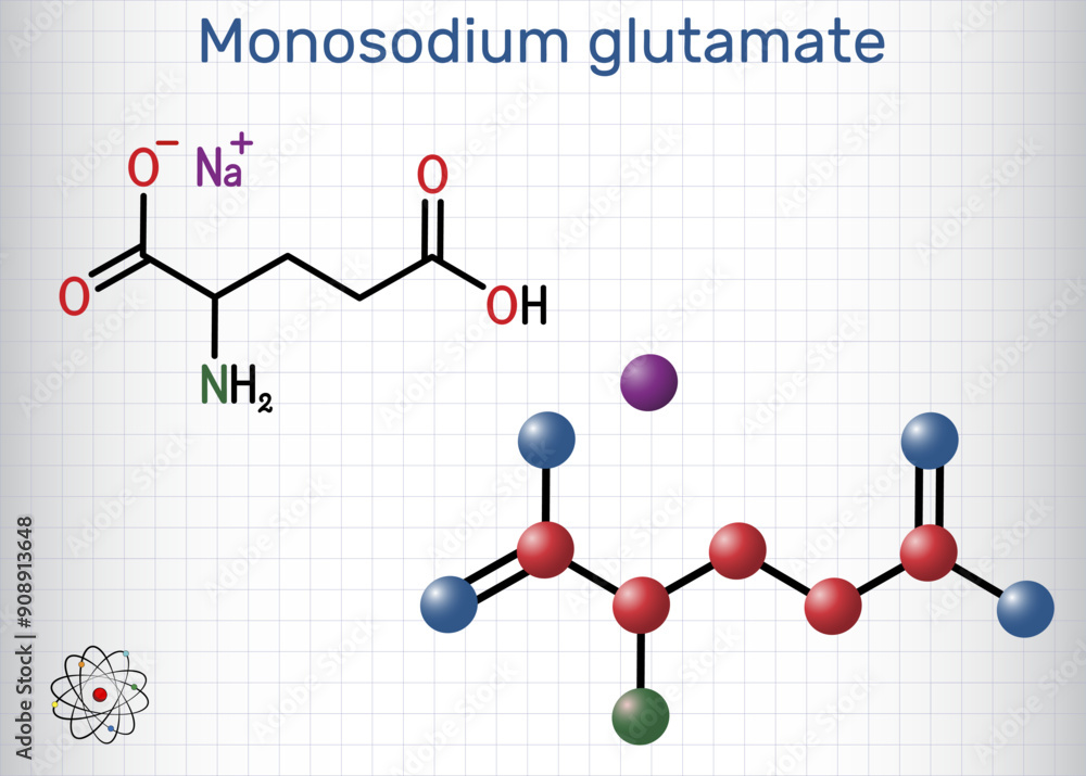 Monosodium glutamate, MSG, sodium glutamate molecule. It is flavor ... Monosodium glutamate, MSG, sodium glutamate molecule. It is flavor ...