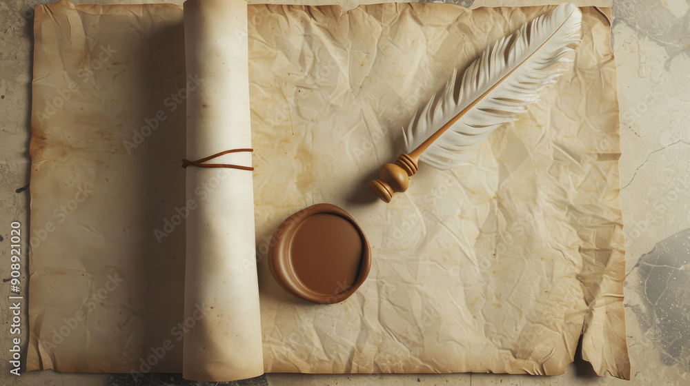 Crispy parchment paper with a quill pen and inkpot signifies timeless ...