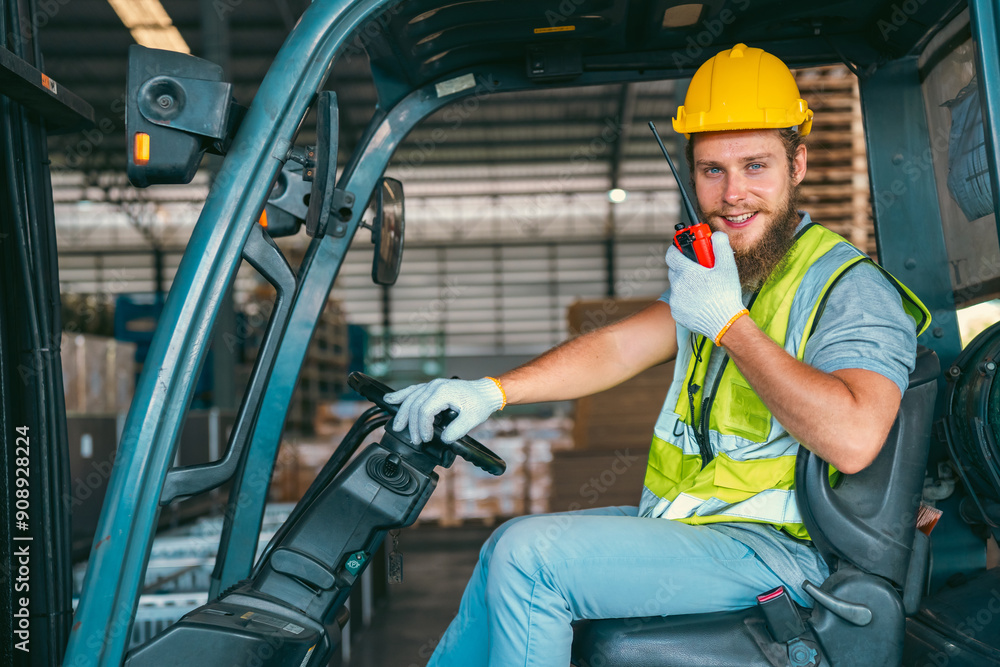 Efficient Factory Logistics, Men at Work Safely Operating Forklifts in ...