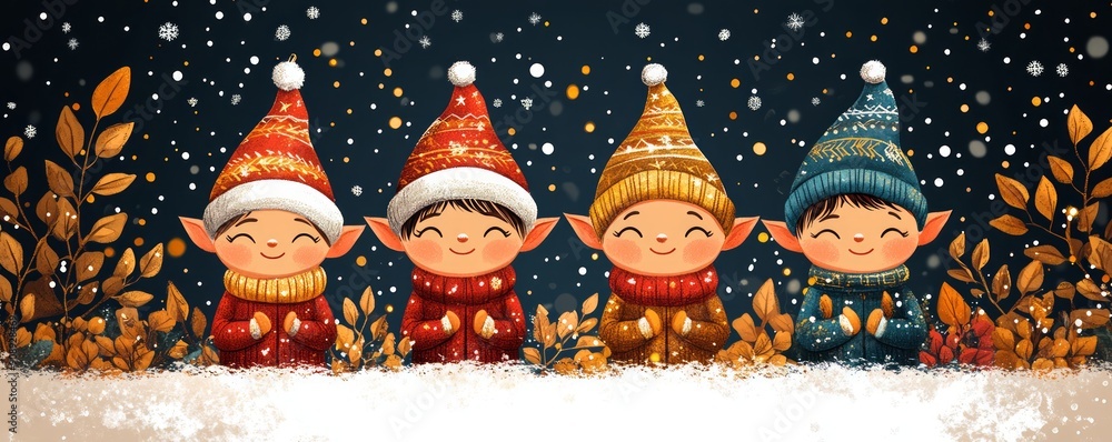 Charming of four joyful elves in colorful hats, celebrating winter with ...