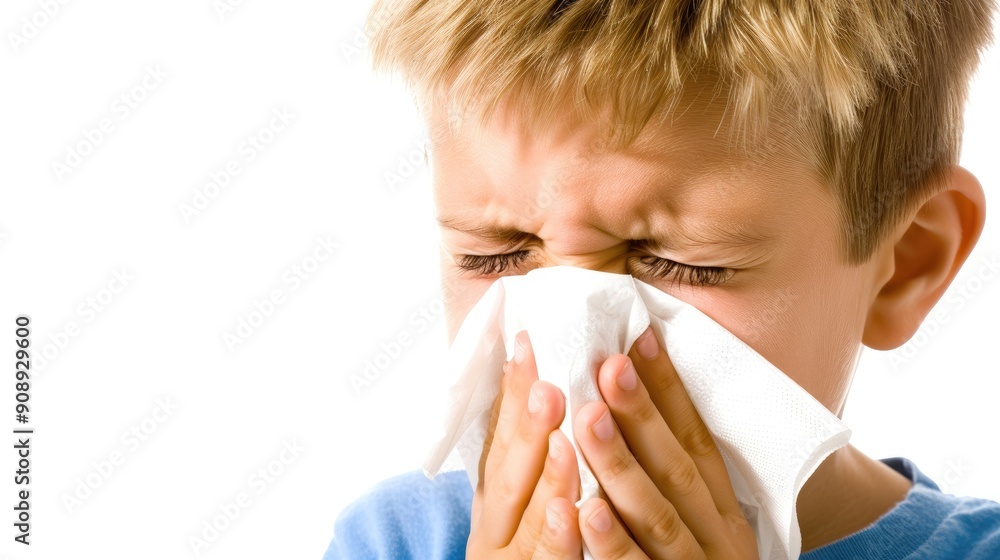 Young boy sneezing into a tissue with a plain white background ...