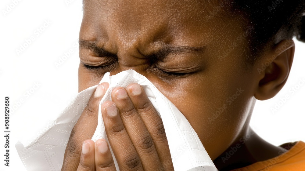 Young boy sneezing into a tissue with a plain white background ...