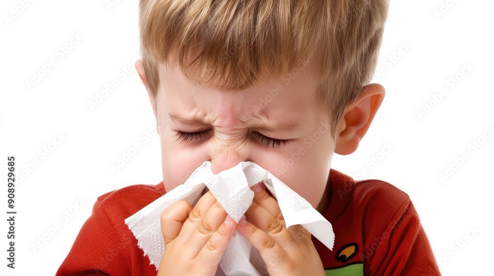 Young boy sneezing into a tissue with a plain white background ...
