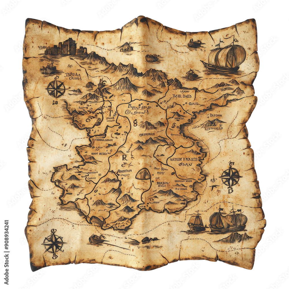 A vintage treasure map featuring intricate details, islands, ships, and ...