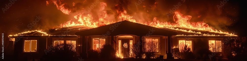 A terrifying view of a suburban home with its roof completely ablaze ...