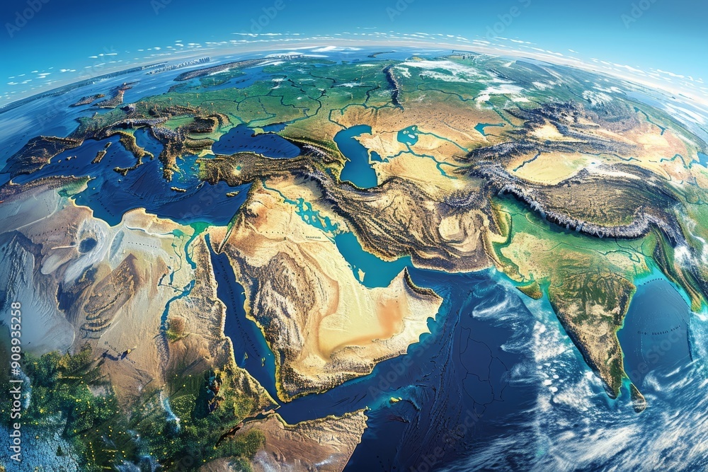 Physical map of Middle East, with high resolution details. Flattened ...