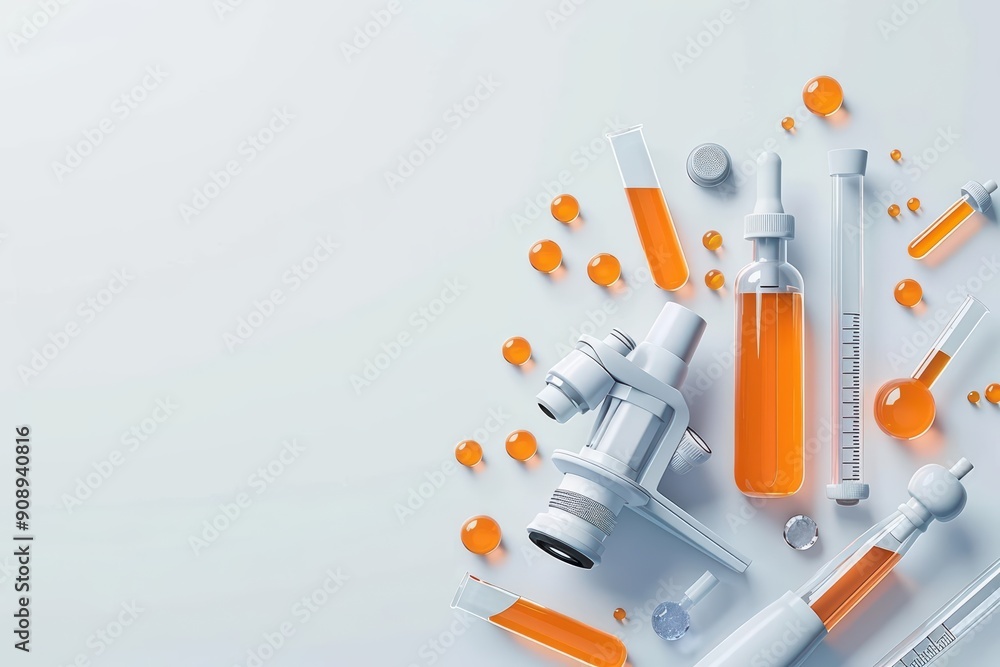 Minimal explosion of science tools, with empty test tubes, beakers, and ...