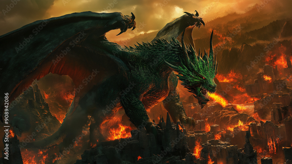 A fierce 3D dragon with emerald green scales and flaming breath ...