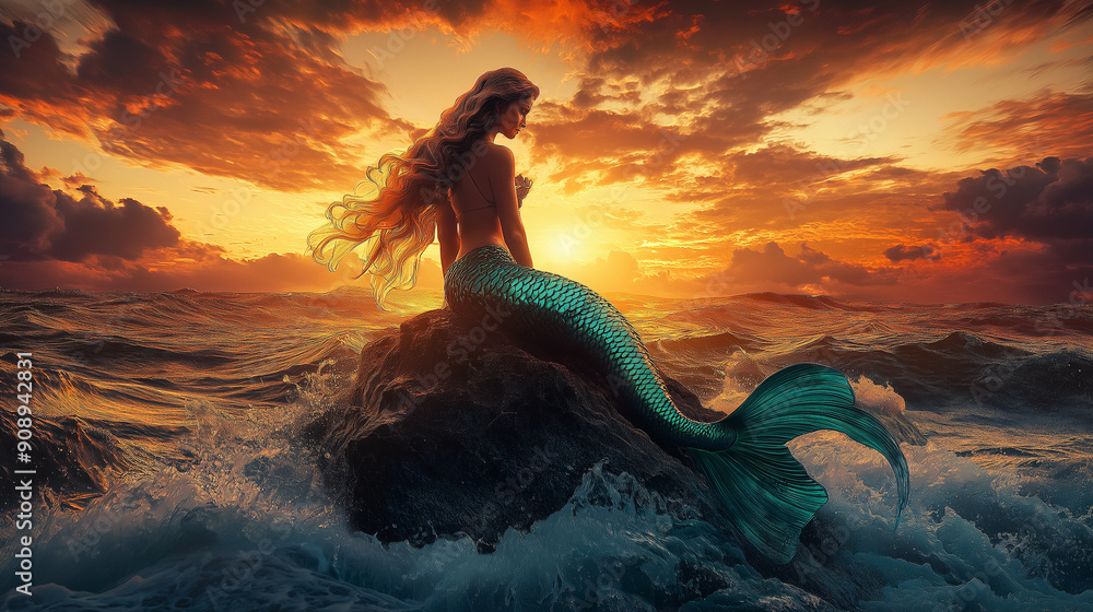 A regal 3D mermaid with shimmering scales and long flowing hair ...