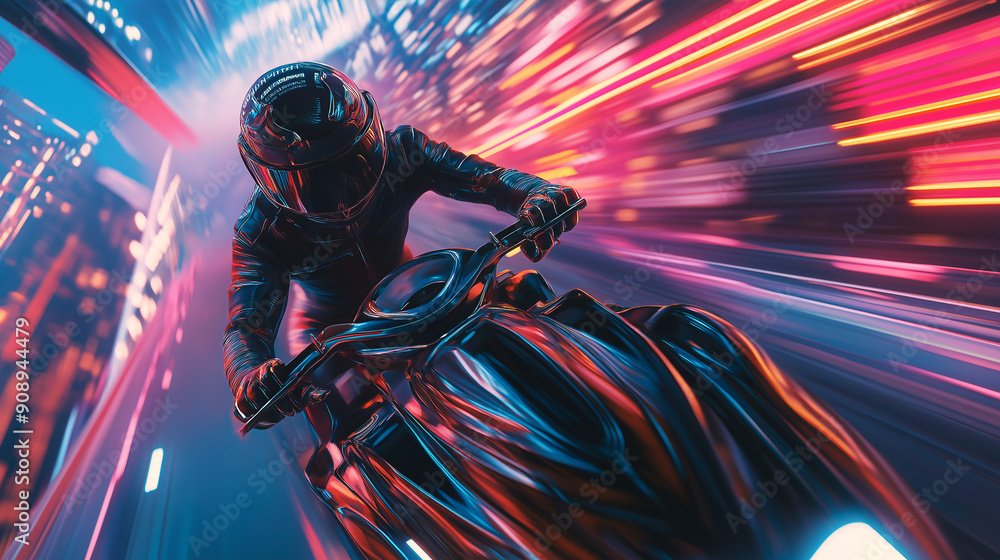 A futuristic 3D racer with a sleek helmet and a hoverboard, zooming ...