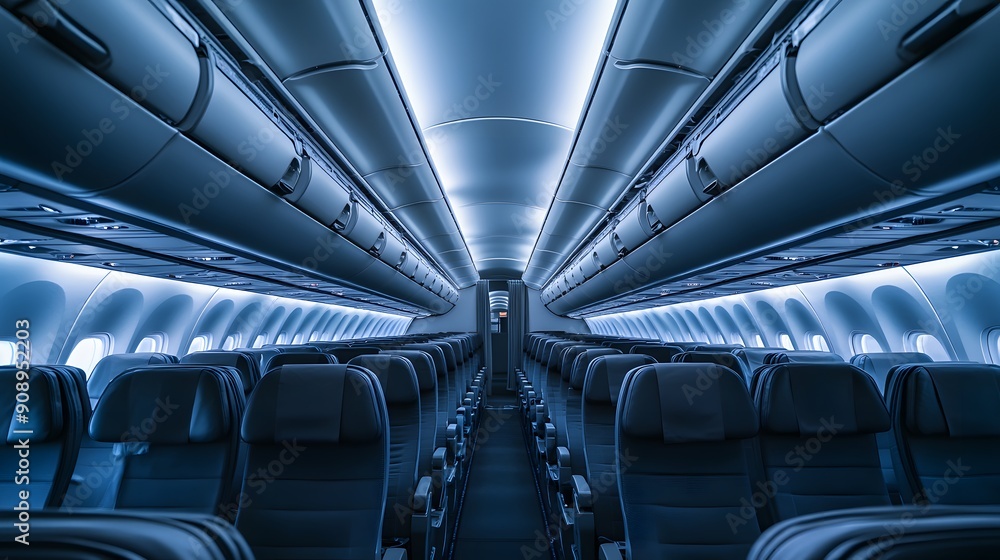 Airplane interior, empty cabin, symmetrical rows of grey seats, central ...