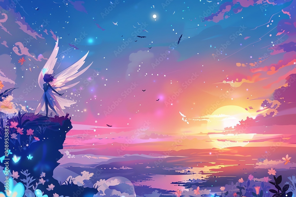 Pixie and sea fairy in a vibrant sky, with human activities happening ...