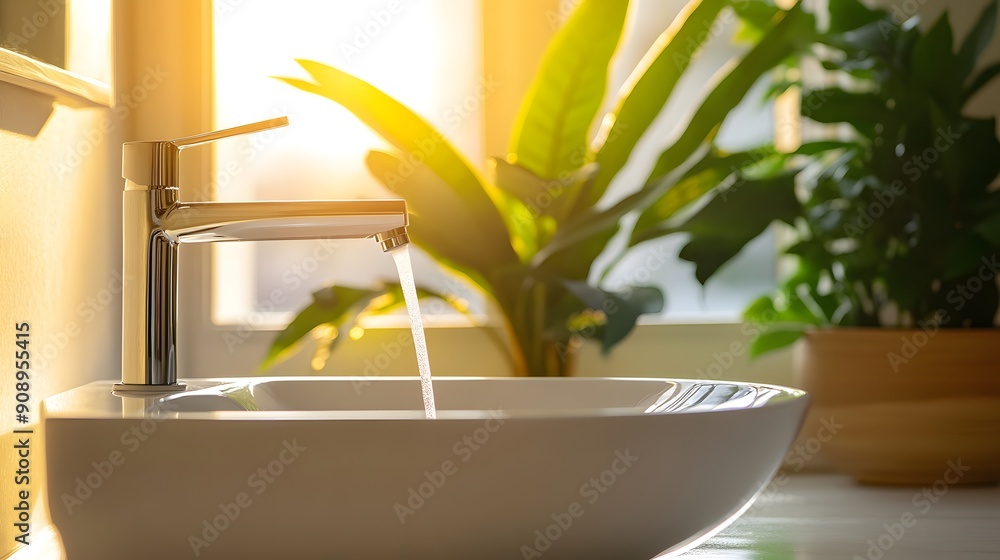 Modern bathroom sink, water flowing from sleek chrome faucet, crisp ...